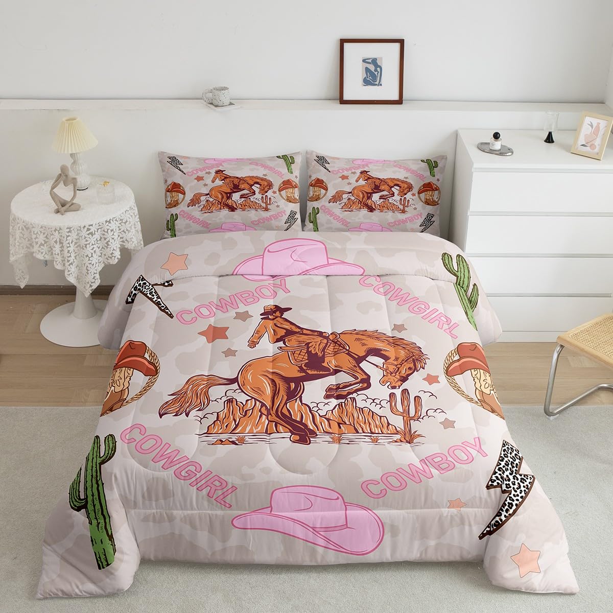 Western Cowboy Comforter Set Twin Size,Pink Cowgirl Hat Boots Stars ...