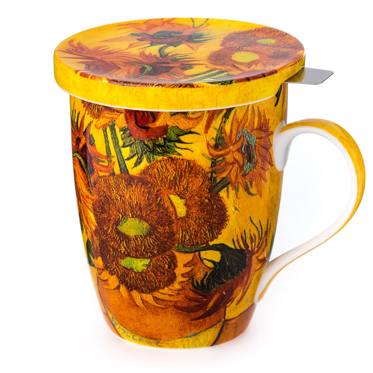 McIntosh Van Gogh Sunflowers Fine Bone China (15 oz) Tea Mug with Lid and Infuser in Matching ...