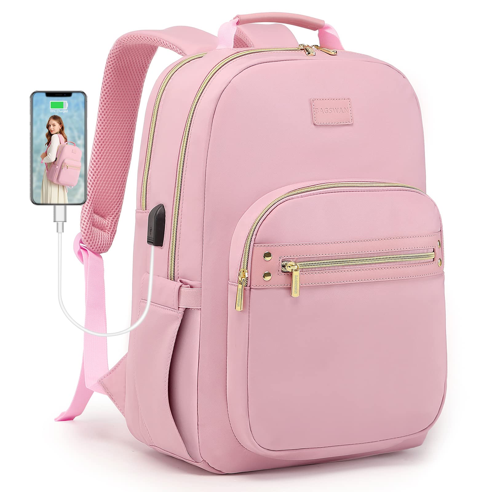 Amazon.com: Pink Laptop Backpack Women Bookbag - 15.6 inch Computer ...