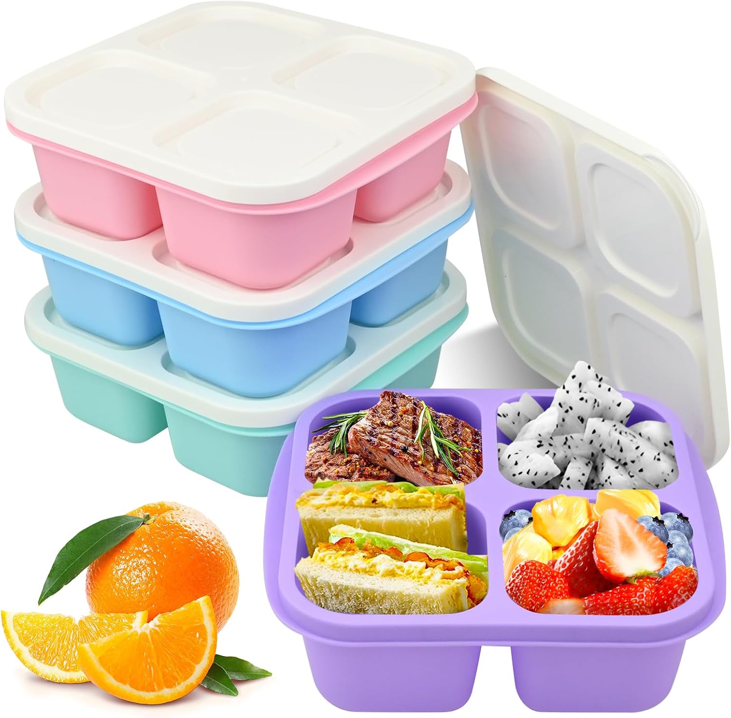 4pcs Snack Containers, Snack Boxes with 4 Compartments, Bento Snack Box ...