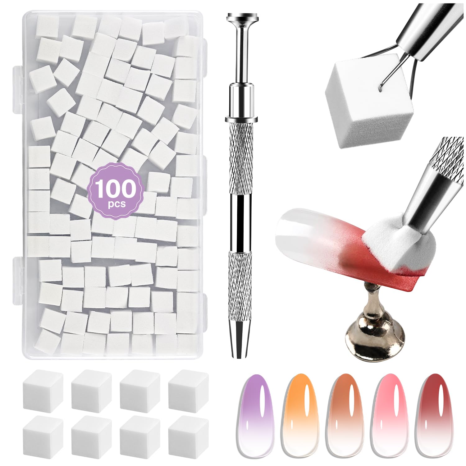 Amazon.com: JODSONE 100PCS Soft Nail Sponges for Ombre with 1 Stainless ...