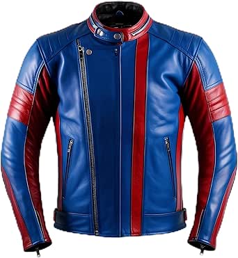 Mens Blue and Red Biker Style Real Leather Jacket (US, Alpha, Medium ...