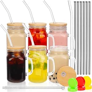 Amazon.com: Moretoes 16oz Mason Jar Cups, Glass Cups with Lids and Straws, Iced Coffee Cups with ...