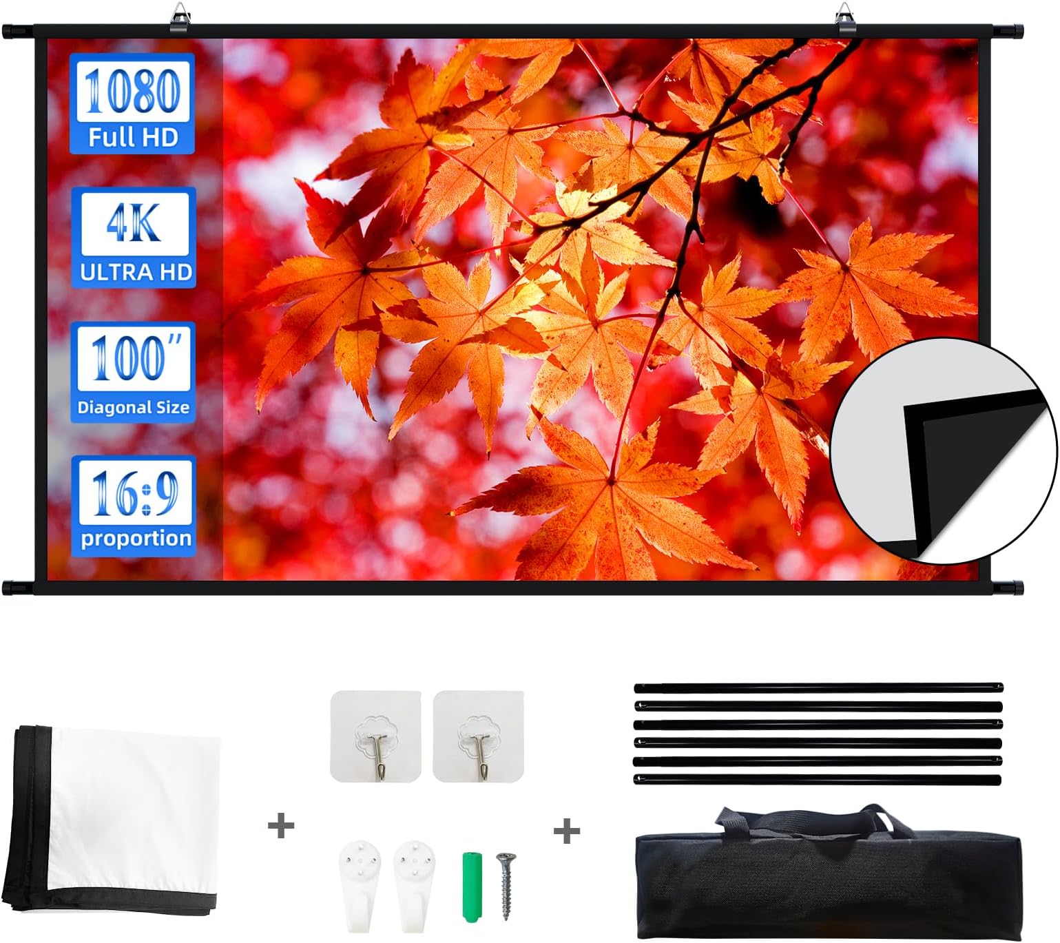 Projection Screen Black Backing 16: 9 Hanging Projector Screen 100 ...