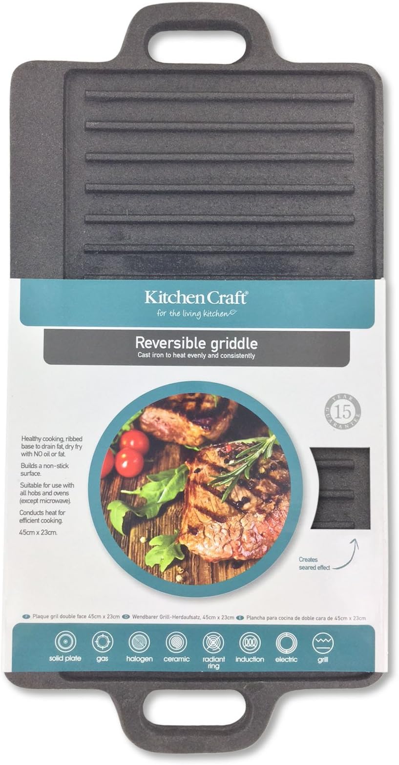 KitchenCraft Cast Iron Griddle Plate with Handles, Induction Safe, 45 x ...