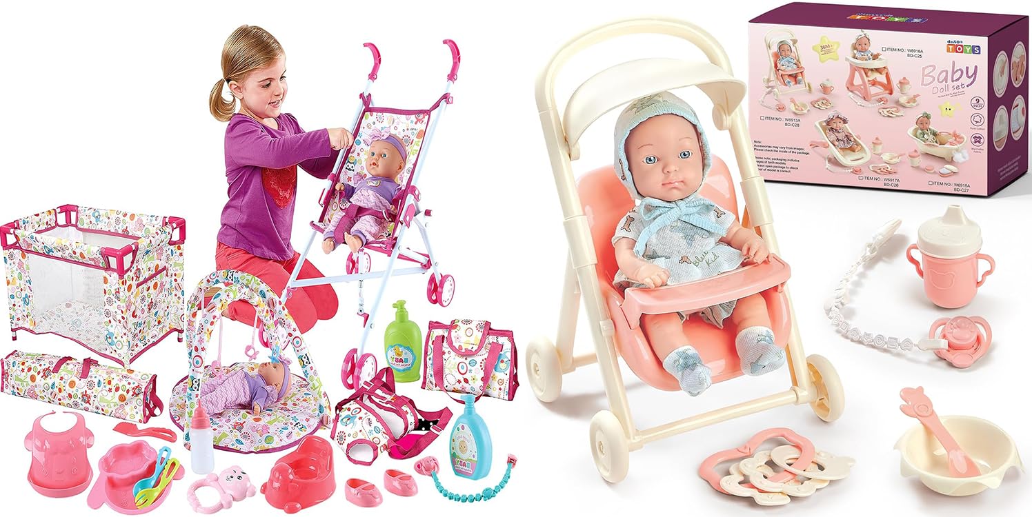 Amazon.com: deAO Kids Baby Doll Stroller Nursery Role Play Set with a ...