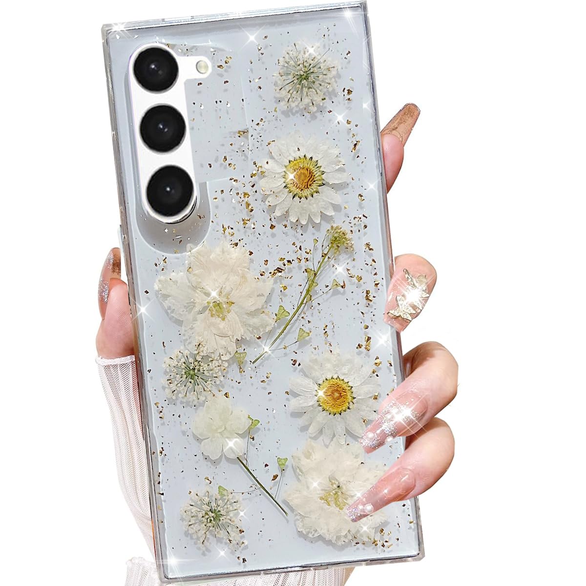 Amazon.com: Changjia for Samsung Galaxy A15 5G Clear Glitter Floral Case, Cute Pressed Dried ...