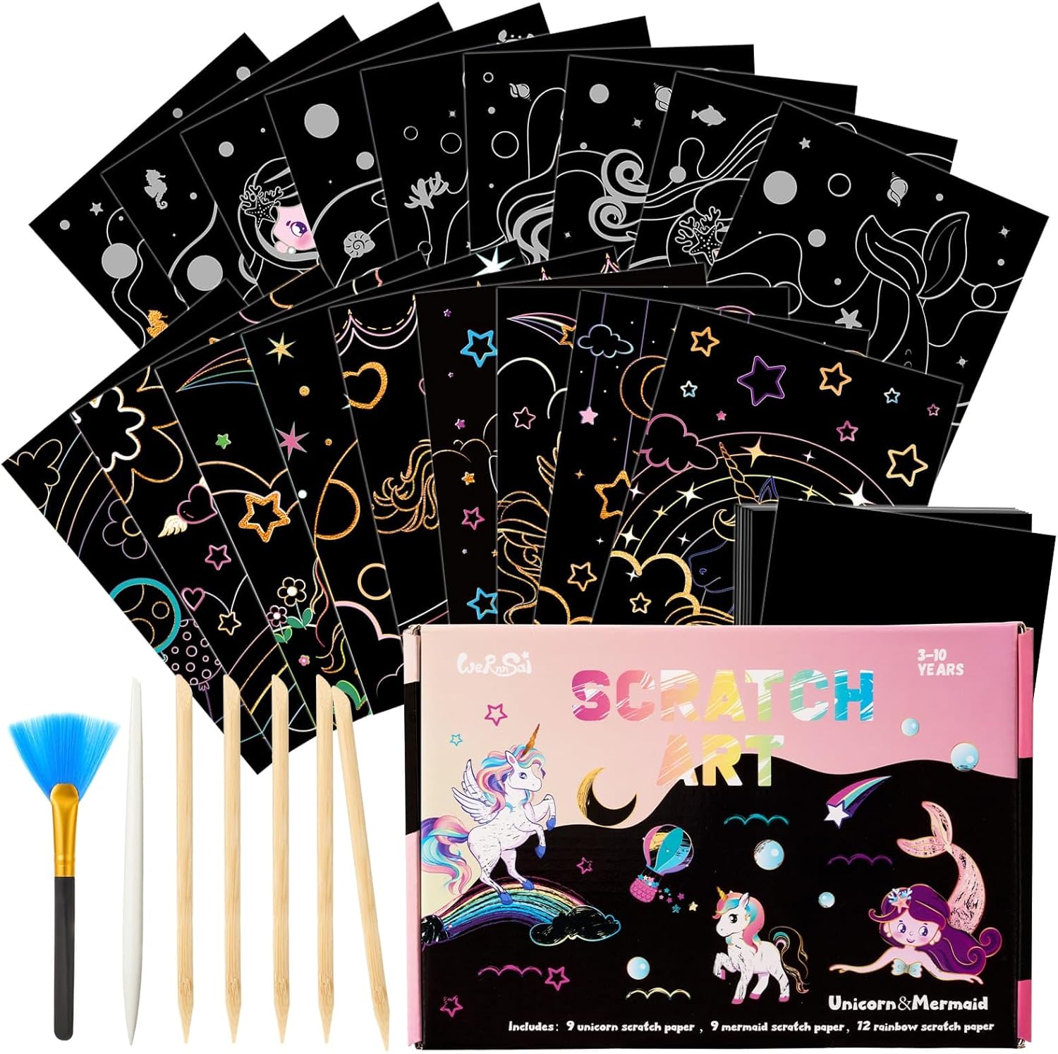 WERNNSAI Scratch Art Set - 30 Pcs Rainbow Magic Scratch Paper Art for ...