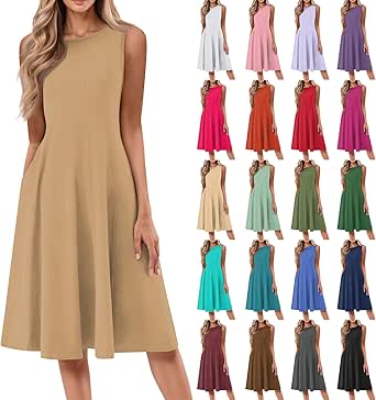 Sundresses for Women Cotton Boat Neck Sleeveless Pleated Midi Dress ...