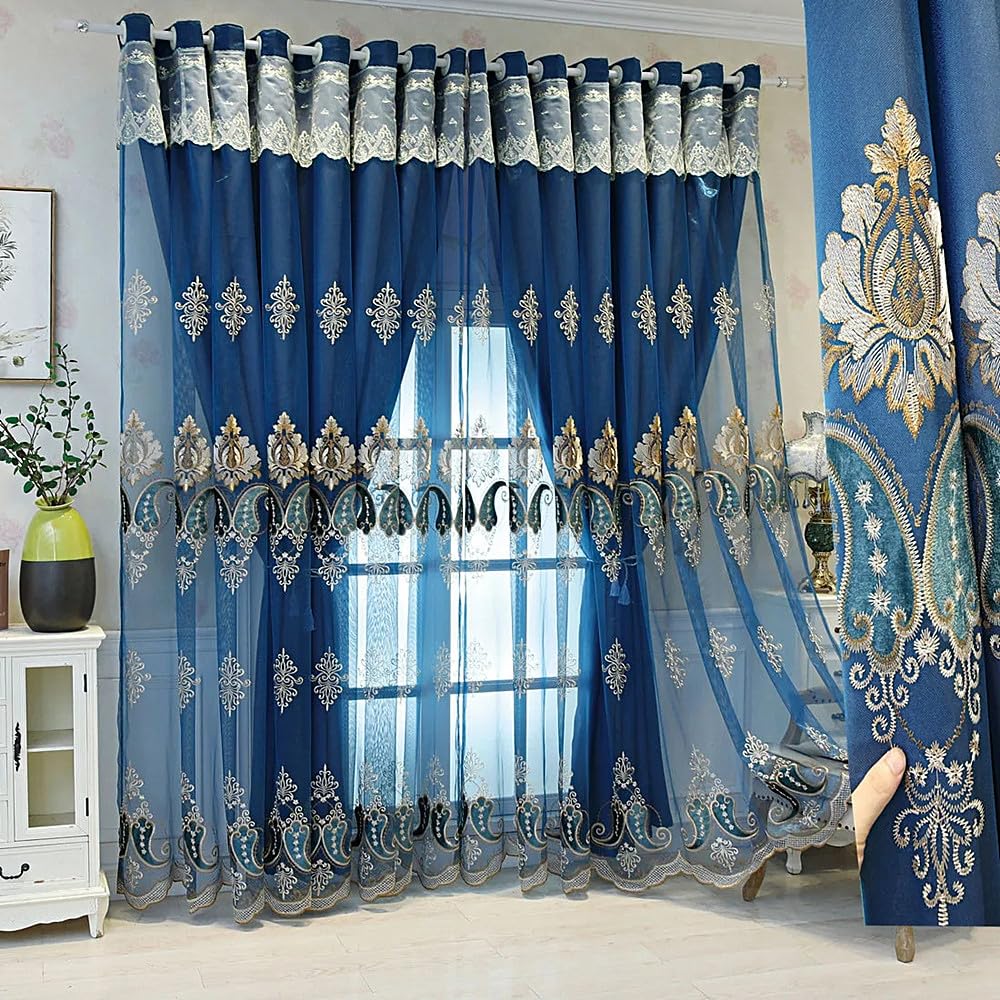 Amidoudou 1 Pair European Double Layer Curtains with Valances for ...