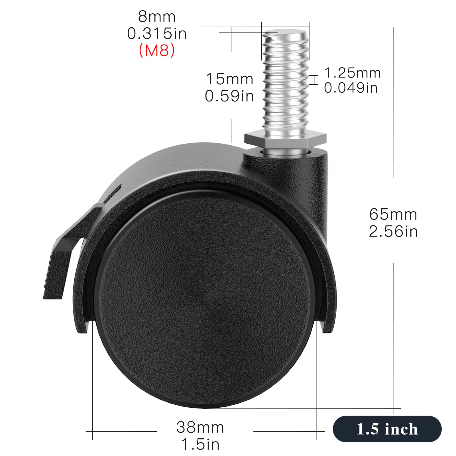 Snapklik.com : 1.5 Inch Threaded Stem Furniture Casters, Metric M8 ...