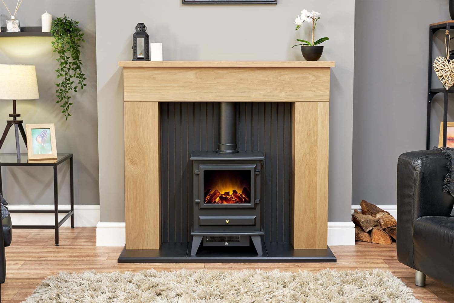 Adam Innsbruck Stove Fireplace in Oak with Hudson Electric Stove in ...