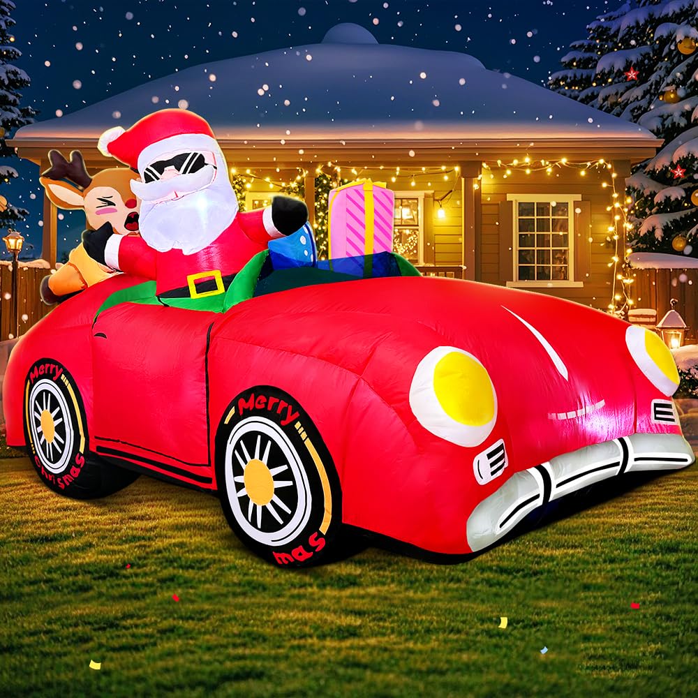 Amazon.com: KOOY 6.5FT Christmas Inflatables Red Car Santa Claus and ...