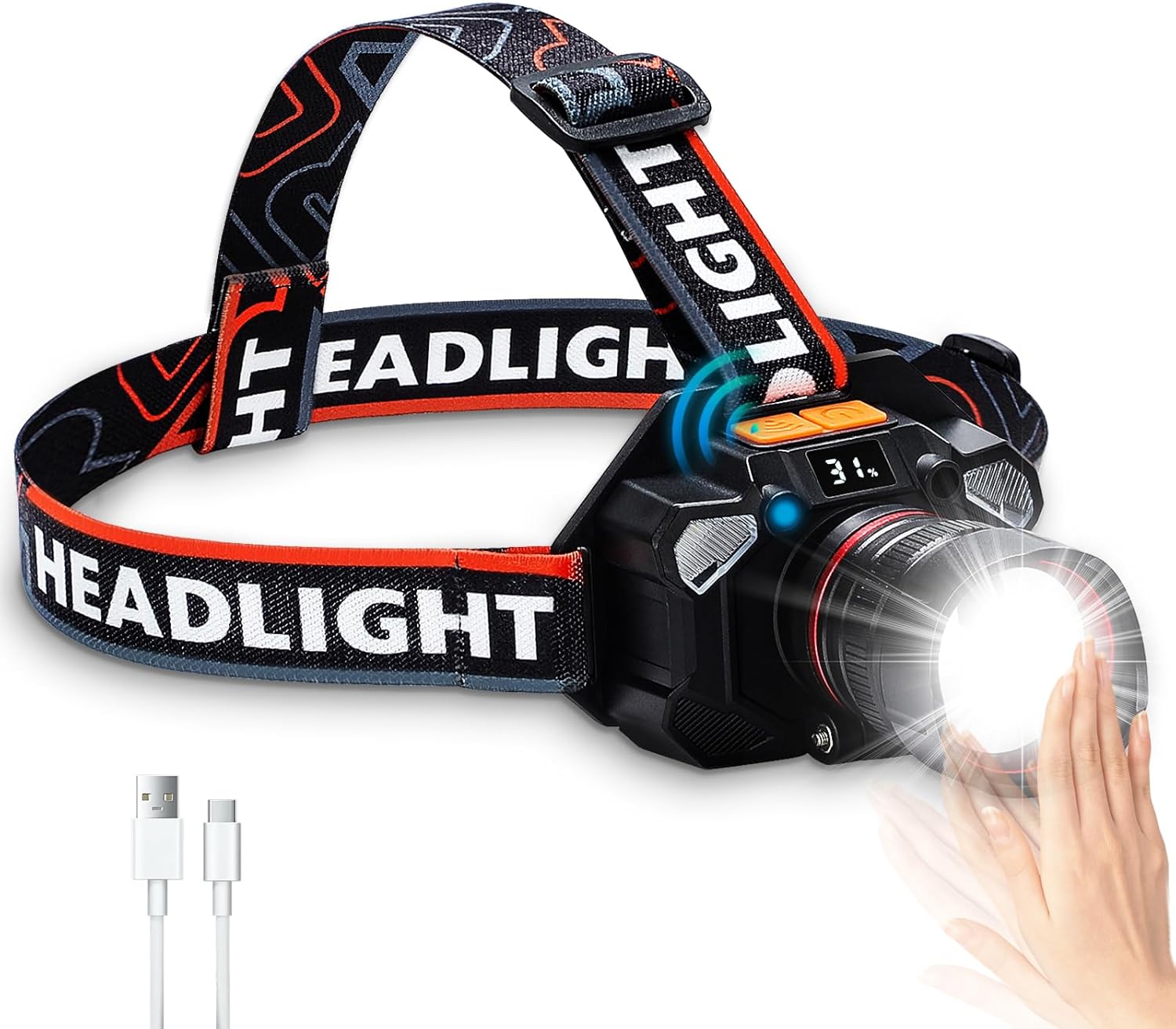 Amazon.com: Headlamp Rechargeable,Power Display USB C Led Head Lamp ...