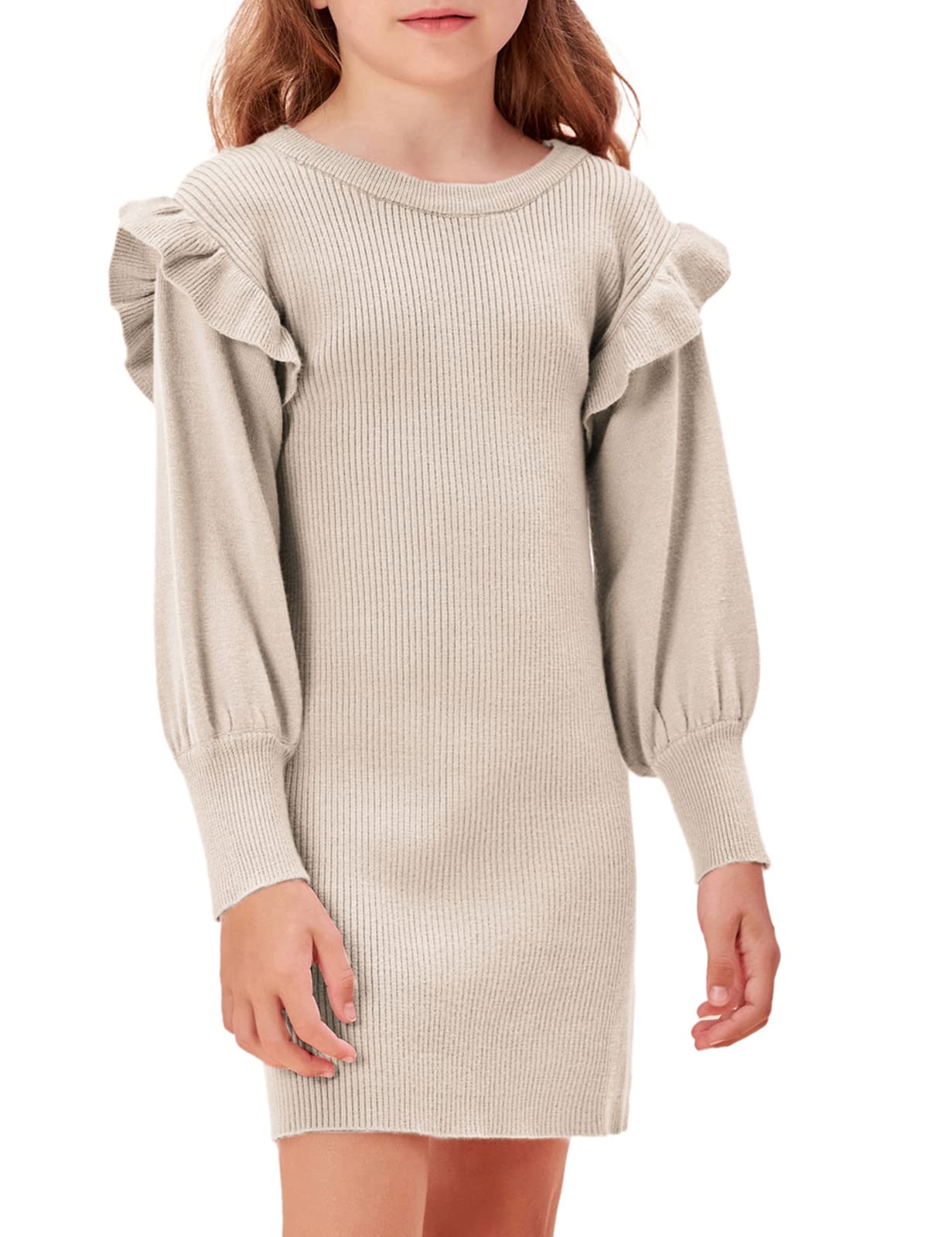 Amazon.com: Girls Sweater Dress Crew Neck Lantern Sleeve Dress Knit ...