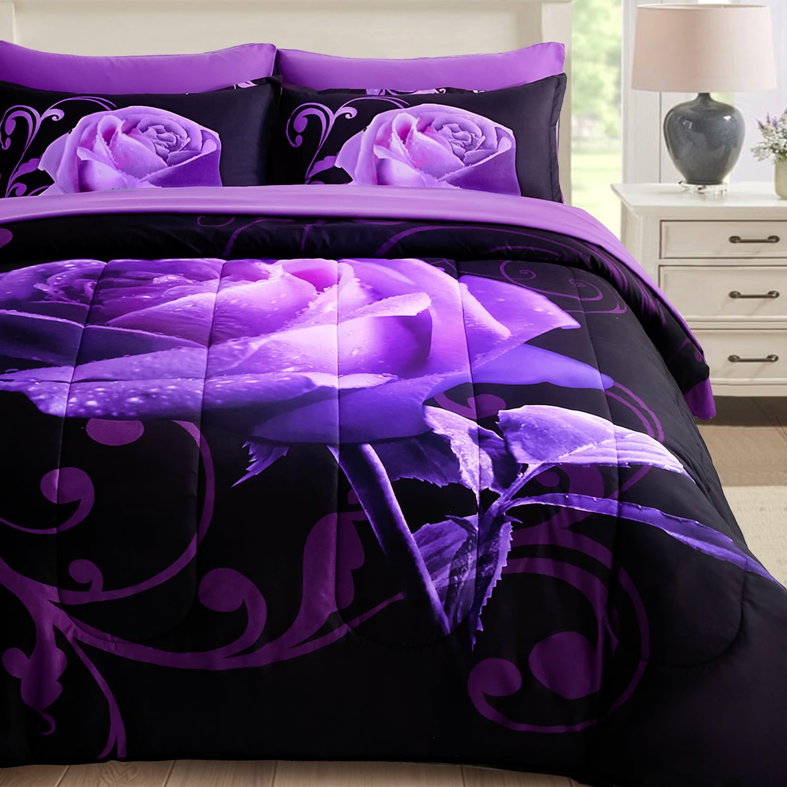 WONGS BEDDING Purple Comforter Set Queen, Reversible Purple Rose 7 ...