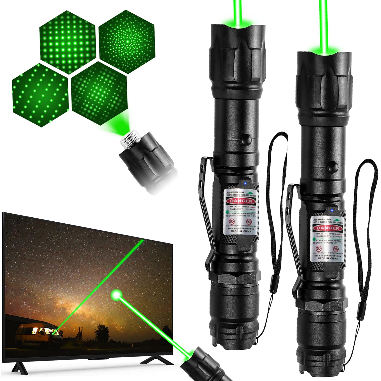 Buy [2 Packs] Rechargeable Professional Green Beam Flashlight Long ...