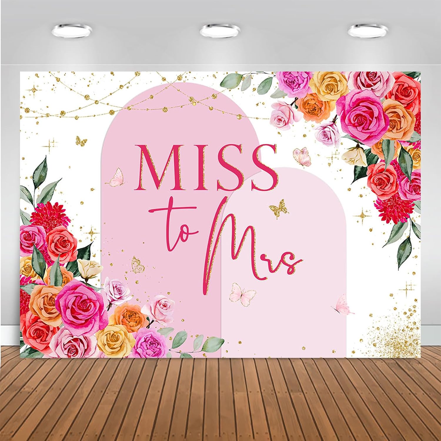 Amazon.com : Mocsicka Miss to Mrs Backdrop Hot Pink Flowers Gold ...