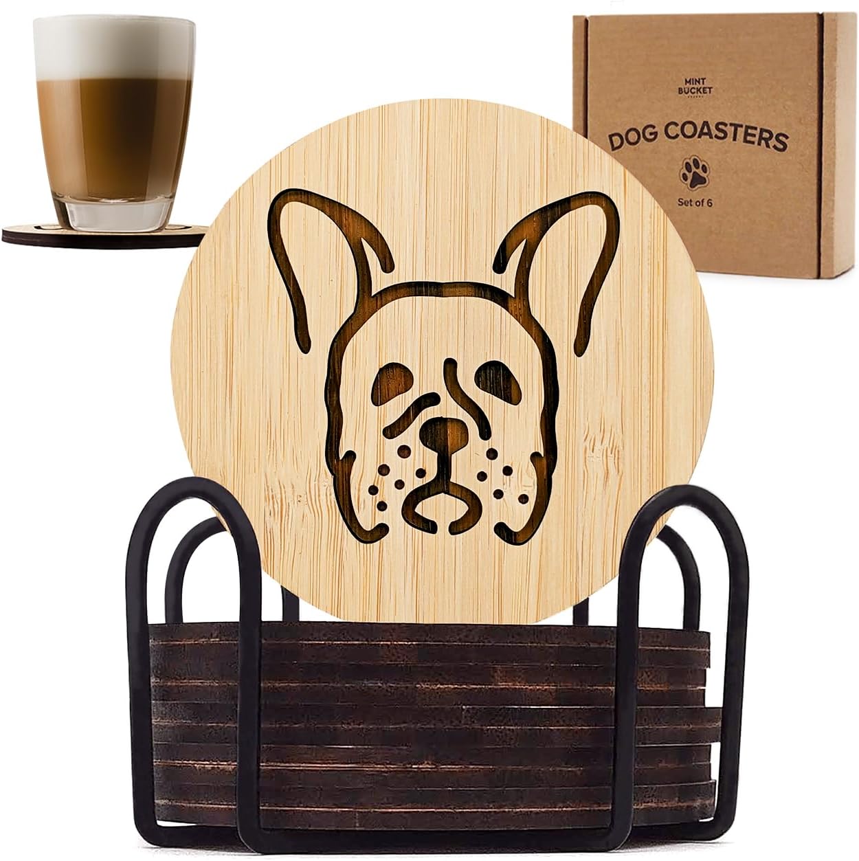 Amazon.com: Set of 6 Bamboo Coasters with Holder - 3.9" Fun Dog ...