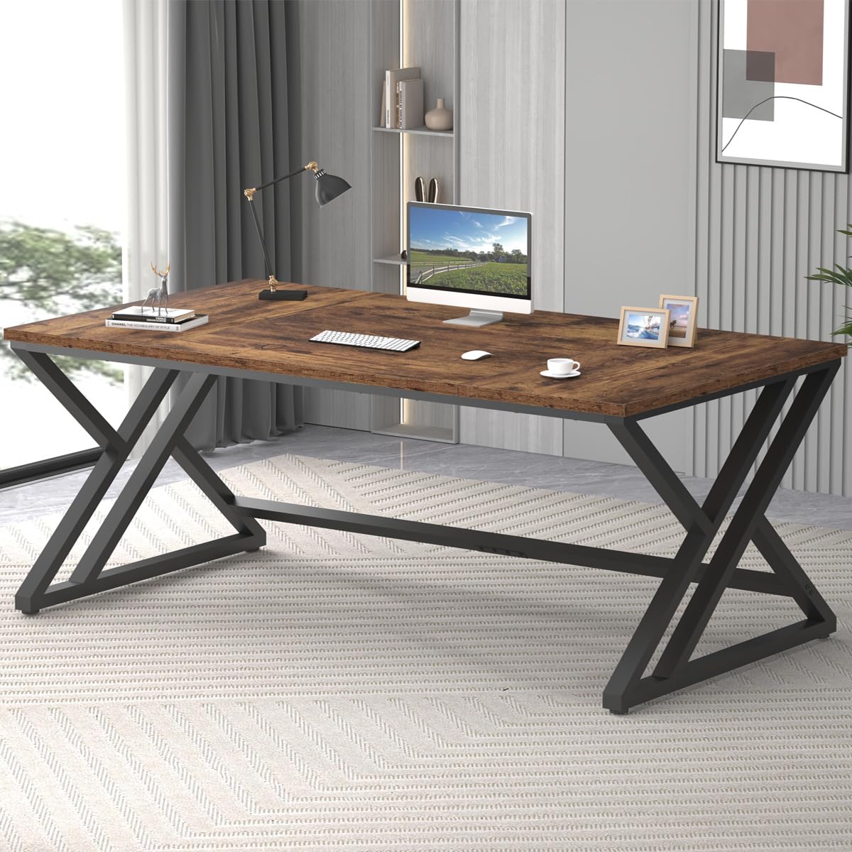 Amazon.com: LVB 70.8" Computer Desk, Industrial Extra Long Wood Home ...