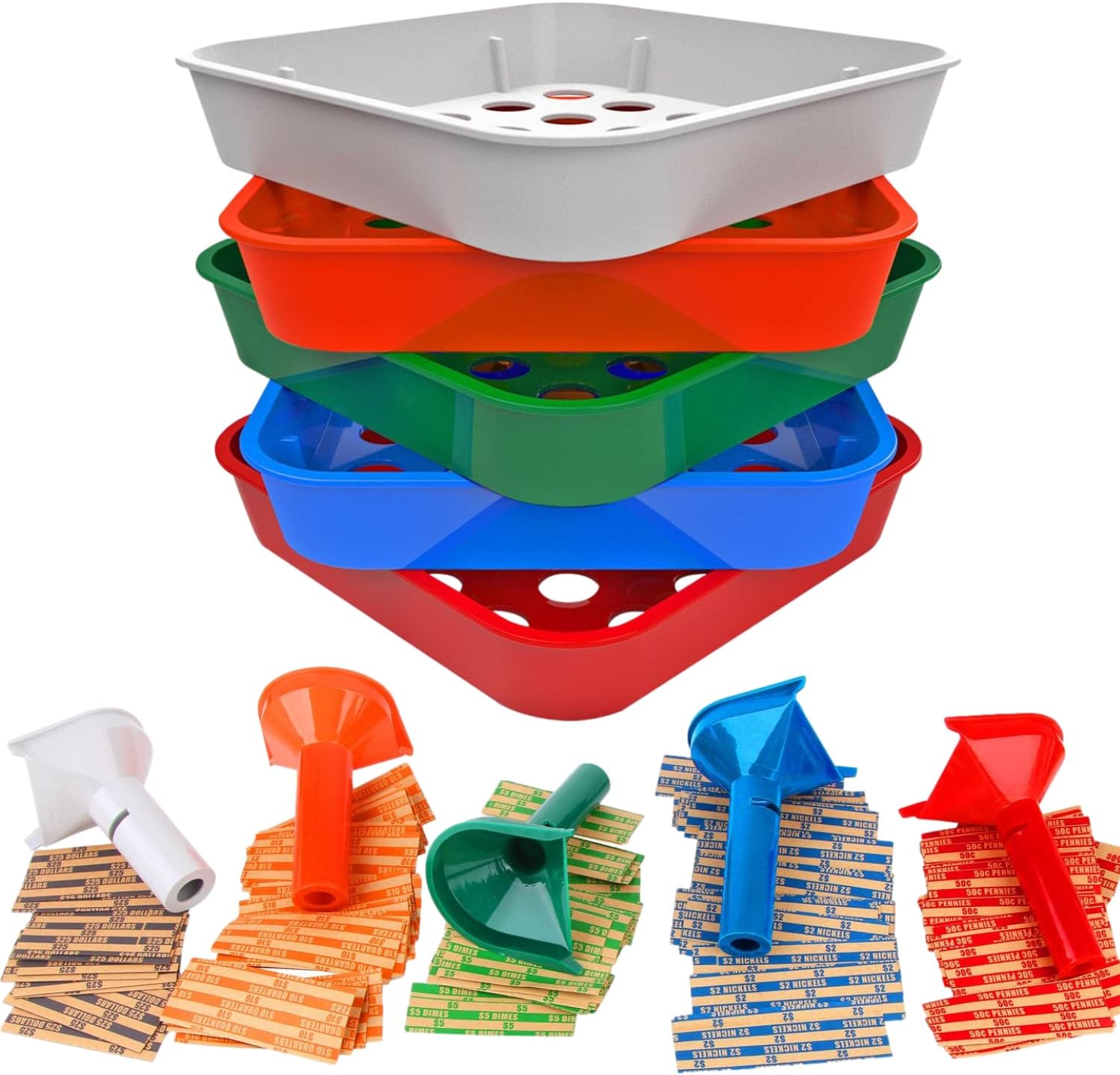 Coin Counters Tubes & Coin Sorters Tray – 5 Color-Coded Coin Sorting ...