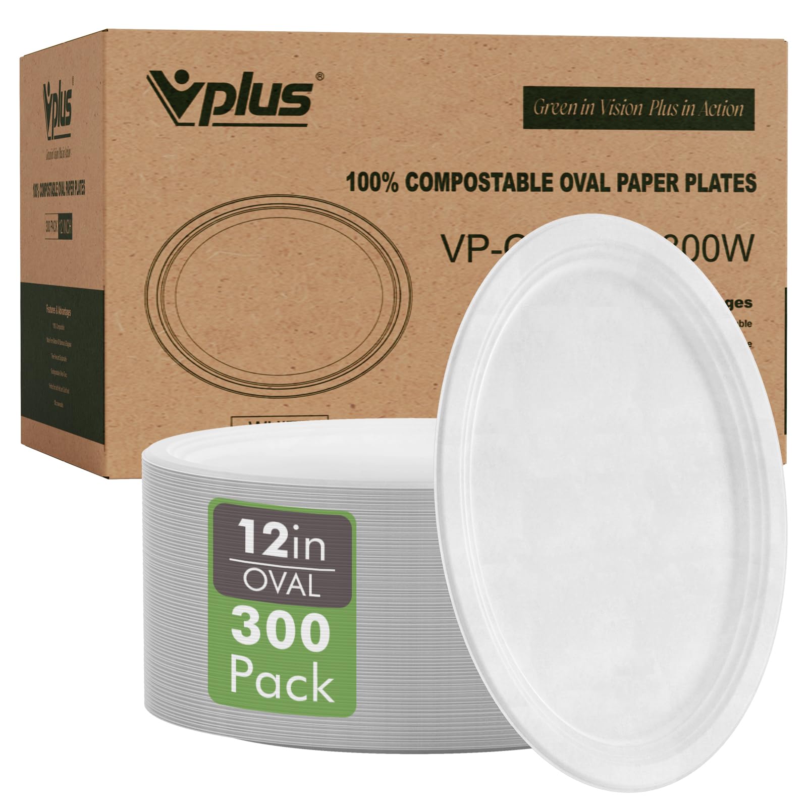 Amazon.com: Vplus 300 Pack 100% Compostable Oval Paper Plates 12 inch ...