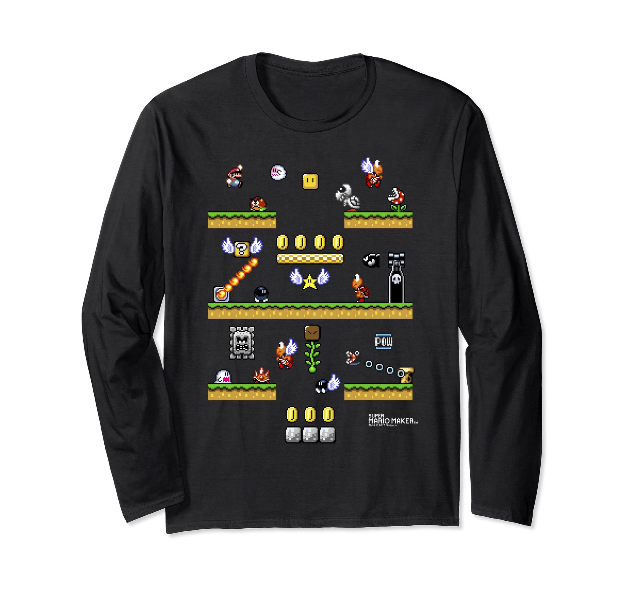 Amazon.com: Nintendo Super Mario Pixel Scroller Levels Long Sleeve Tee ...