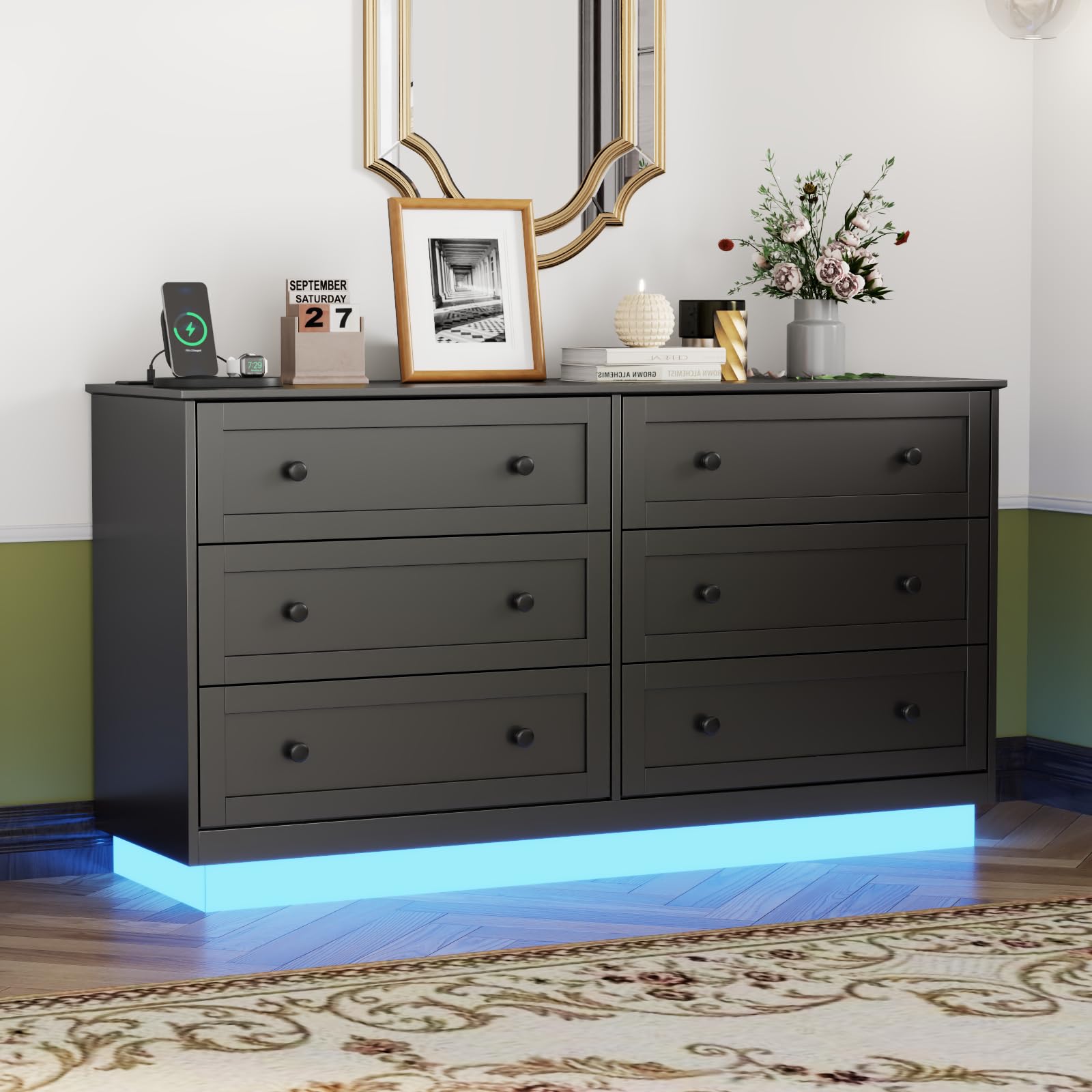 Amazon.com: Gyfimoie 6 Drawer Dresser with Power Outlet and LED Light ...