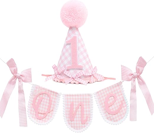 Amazon.com: Pink Gingham First Birthday Party Decoration Set, ONE ...