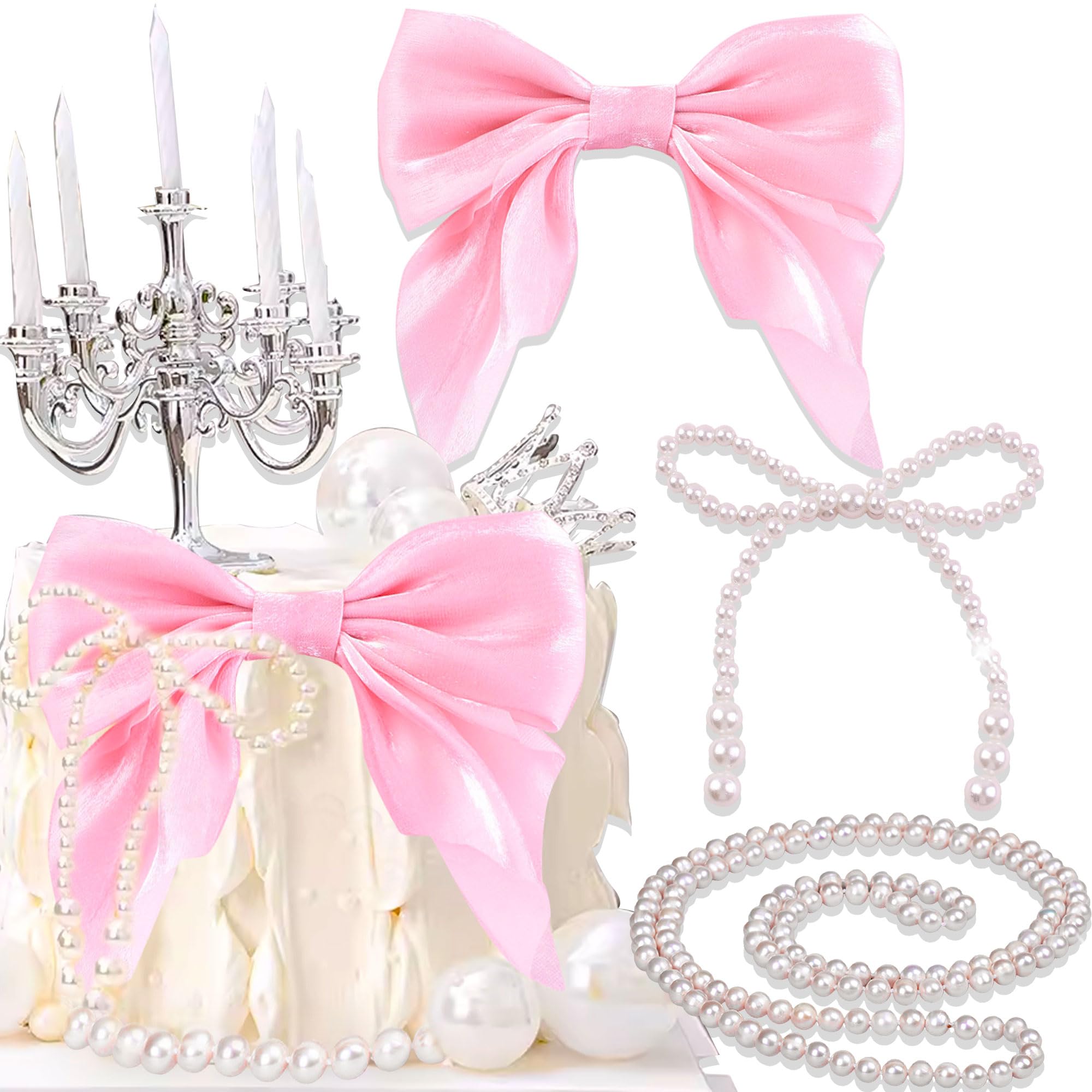 Amazon.com: Pink Bow Cake Topper Pearl Bow Cake Decor Coquette Birthday ...