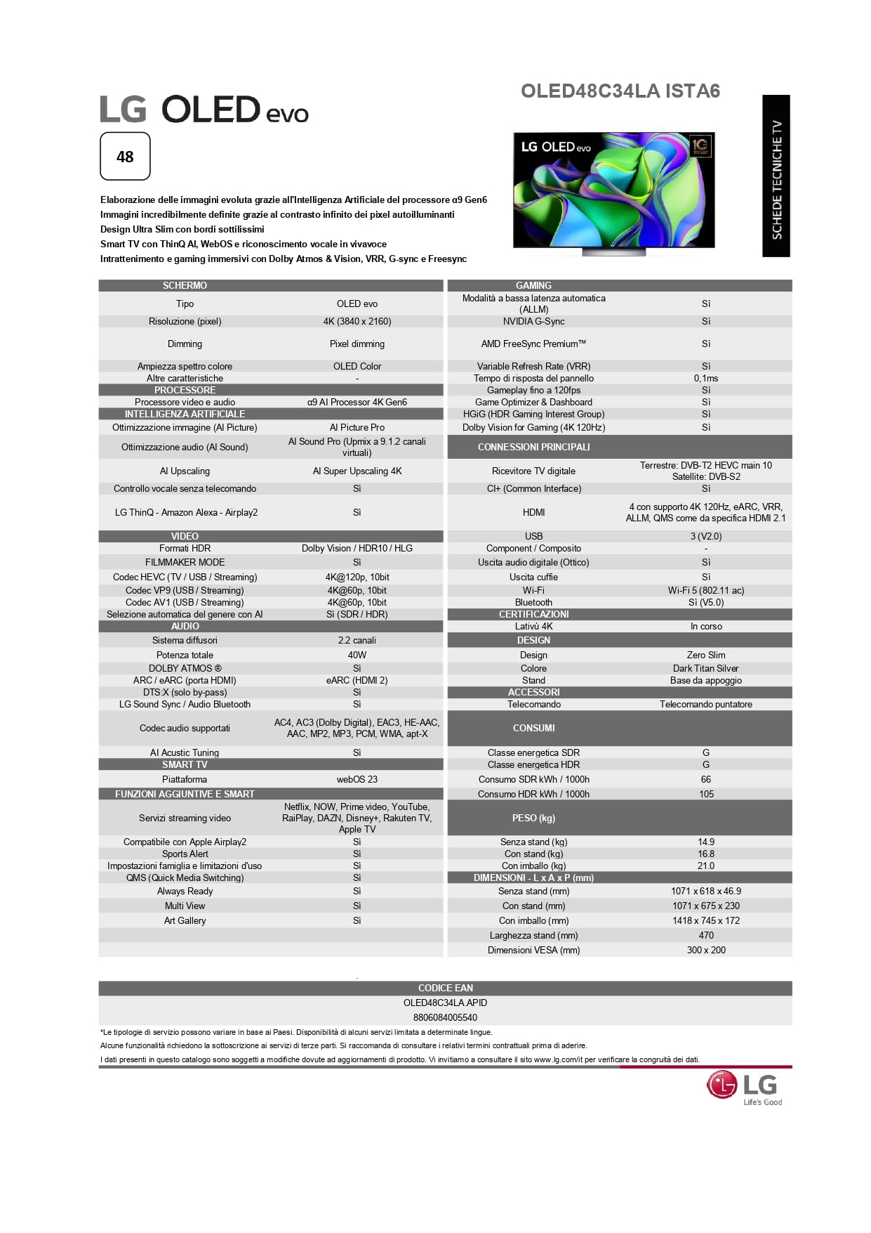 LG OLED55C26LD Smart TV 4K 55", TV OLED evo Serie C2, Processore α9 Gen ...