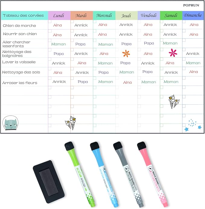 POPRUN Planning Semaine magnetique,Tableau Semainier Frigo effaçable,2 ...