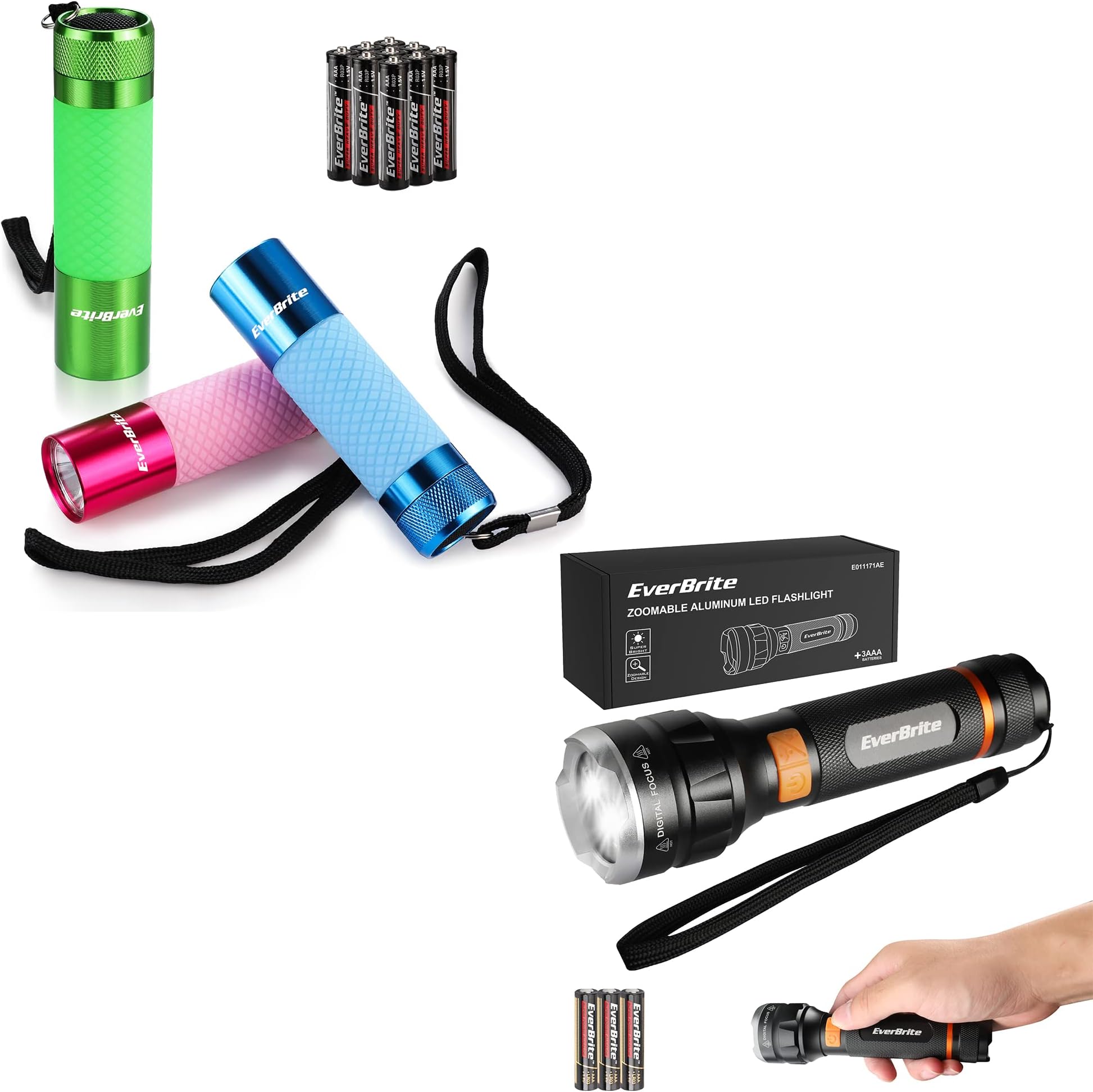 EverBrite LED Zoomable Aluminum Flashlight & 3-Pack Mini LED ...