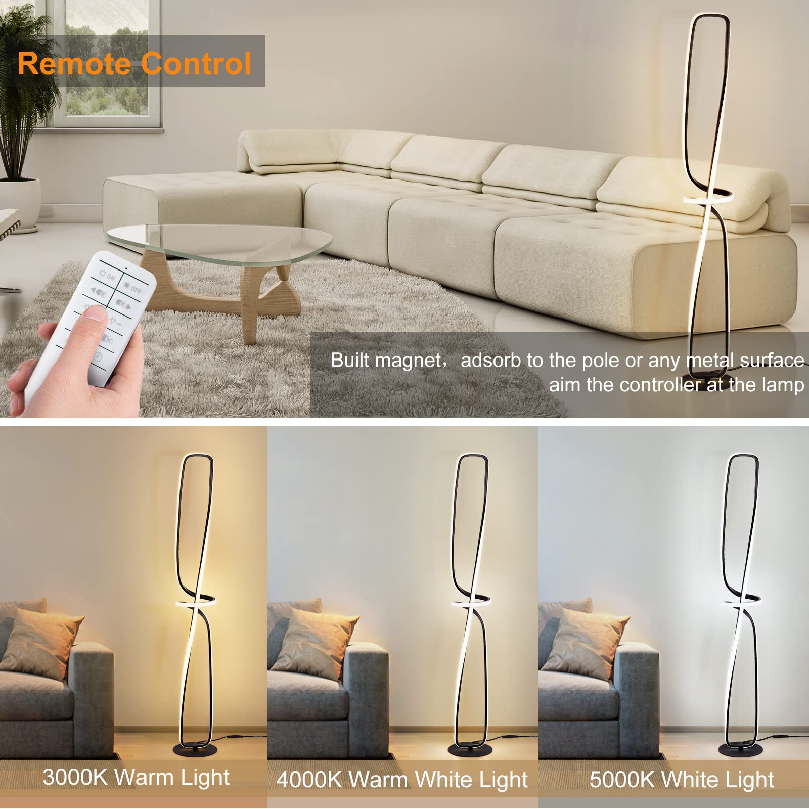 POWROL Floor Lamp for Living Room - Modern LED Lamp Remote Adjustable 3 ...