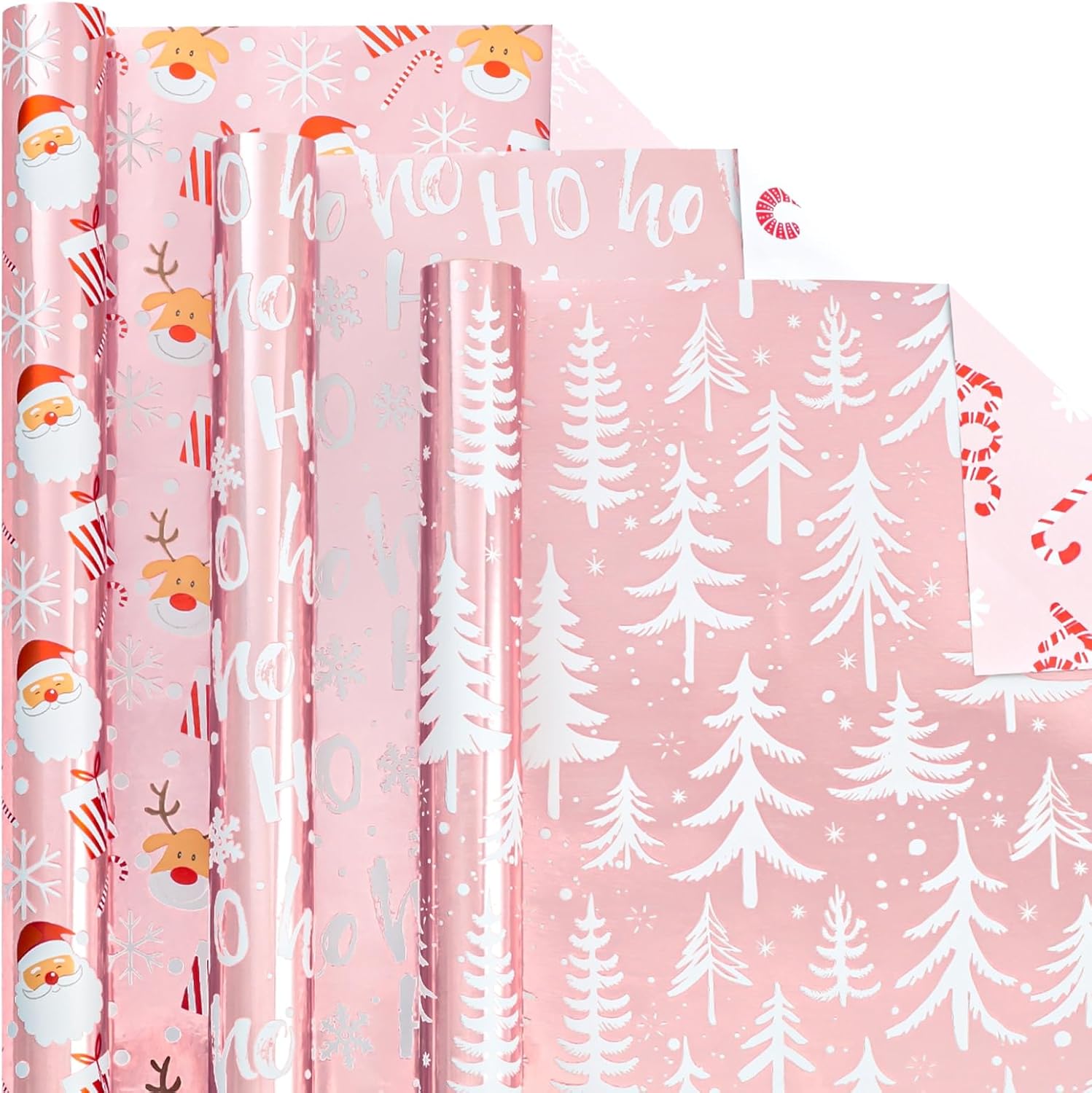 Amazon.com: Afucus Reversible Pink Christmas Wrapping Paper, Joy Candy ...