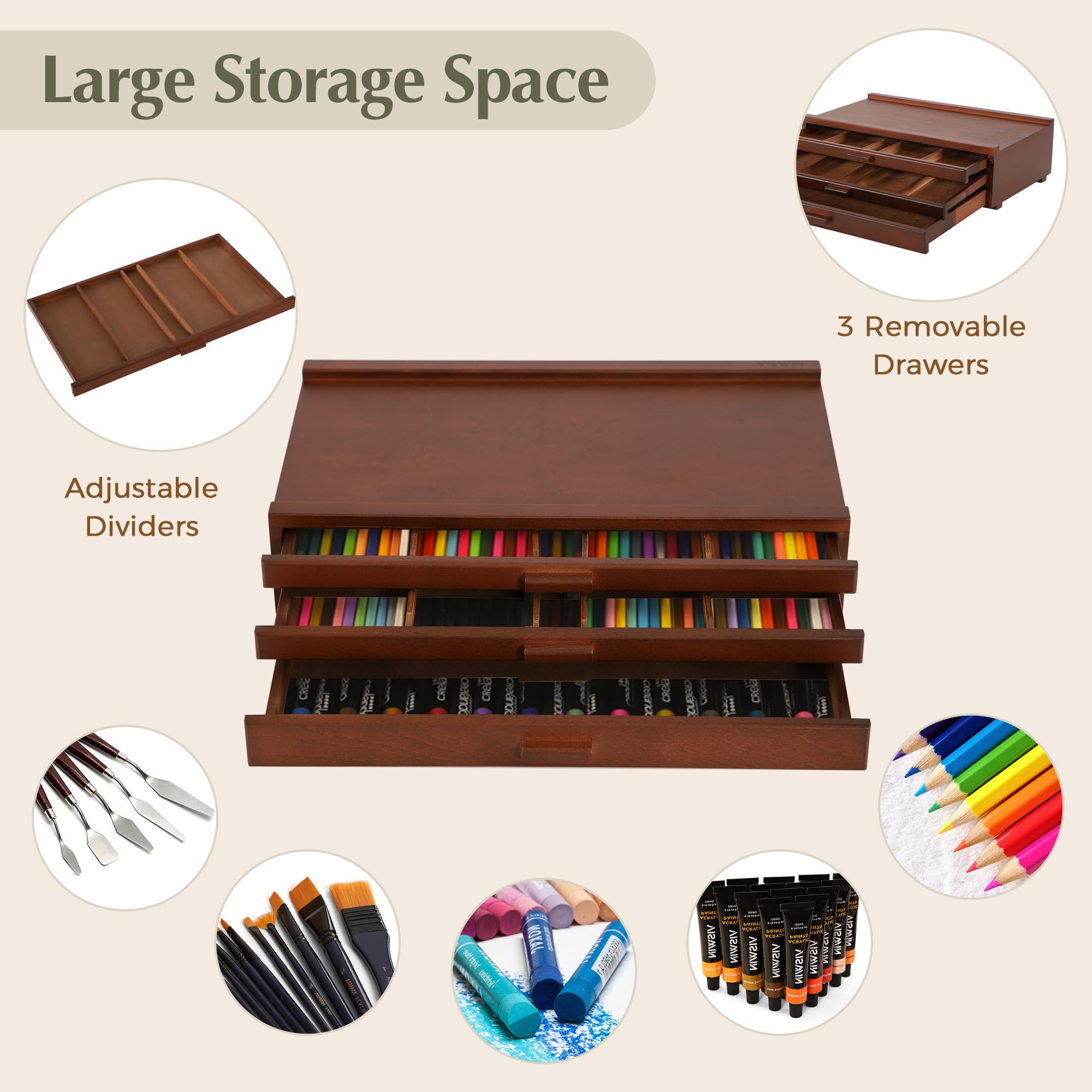 VISWIN Upgraded 3-Drawer Wood Artist Supply Storage Box with Removable ...