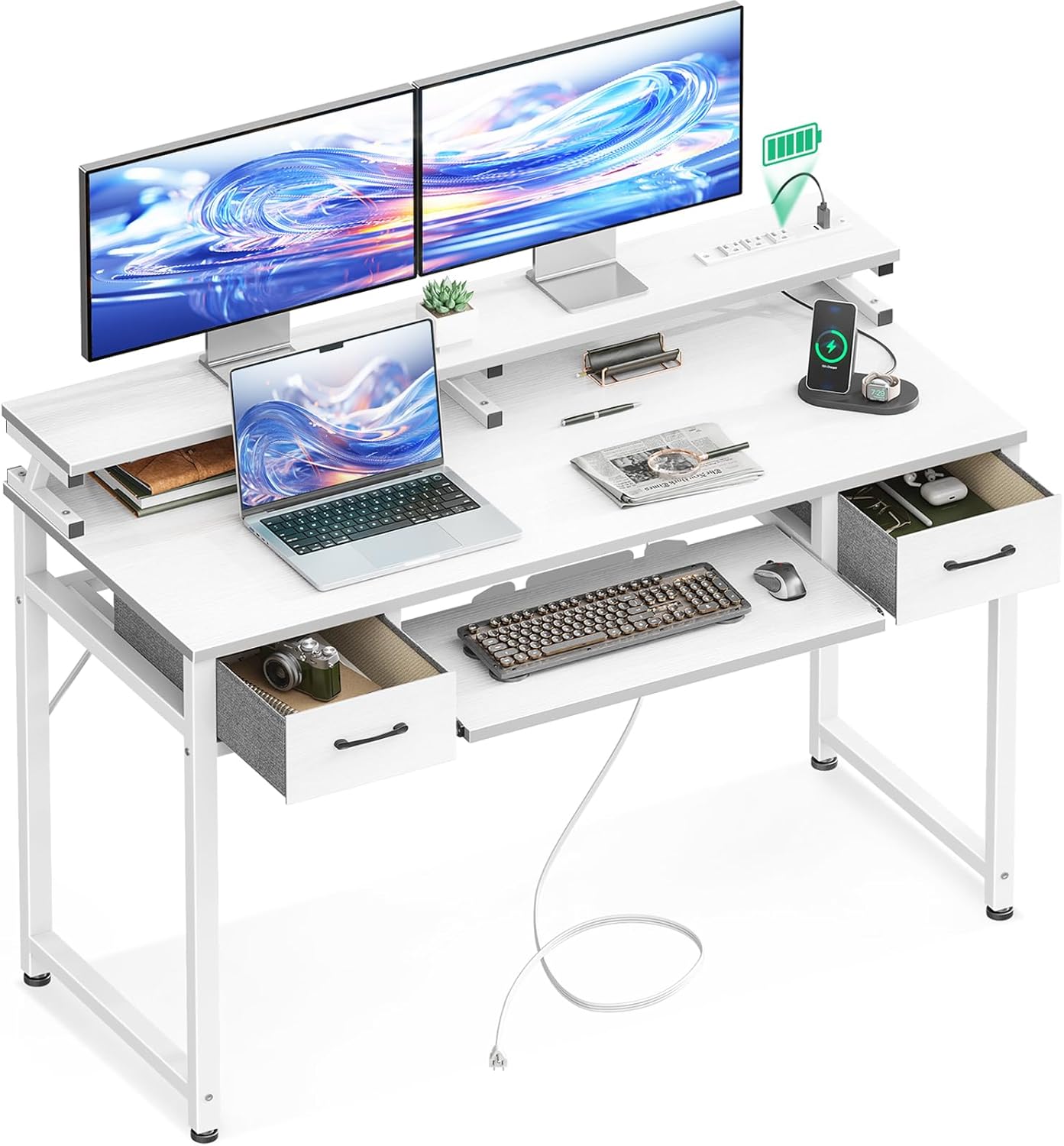 ODK White Computer Desk Study Table, 48 Inch Office Desk with Drawers ...