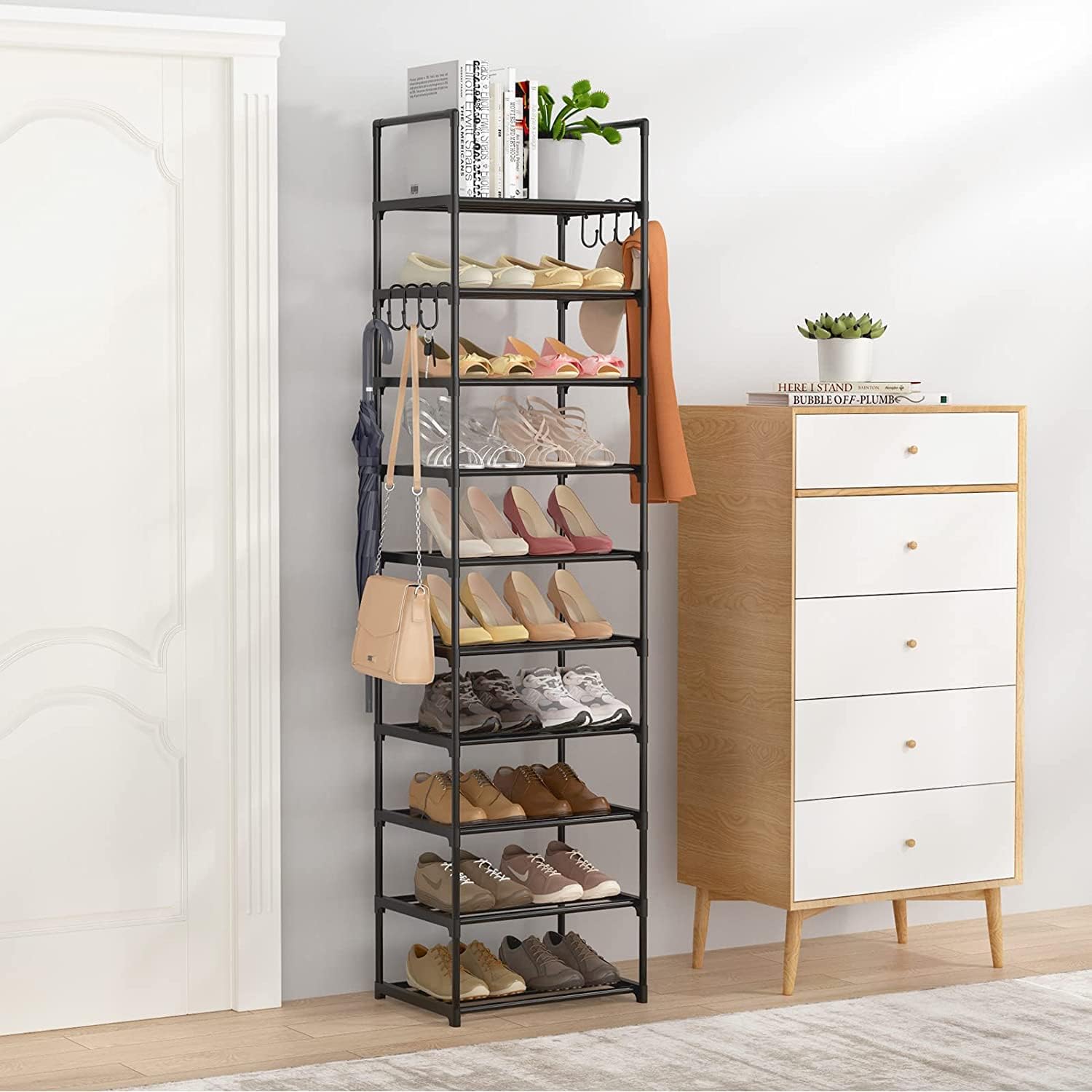 Tall Shoe Rack 10 Tiers Narrow Shoe Rack 20-24 Pairs Vertical Shoe Rack ...