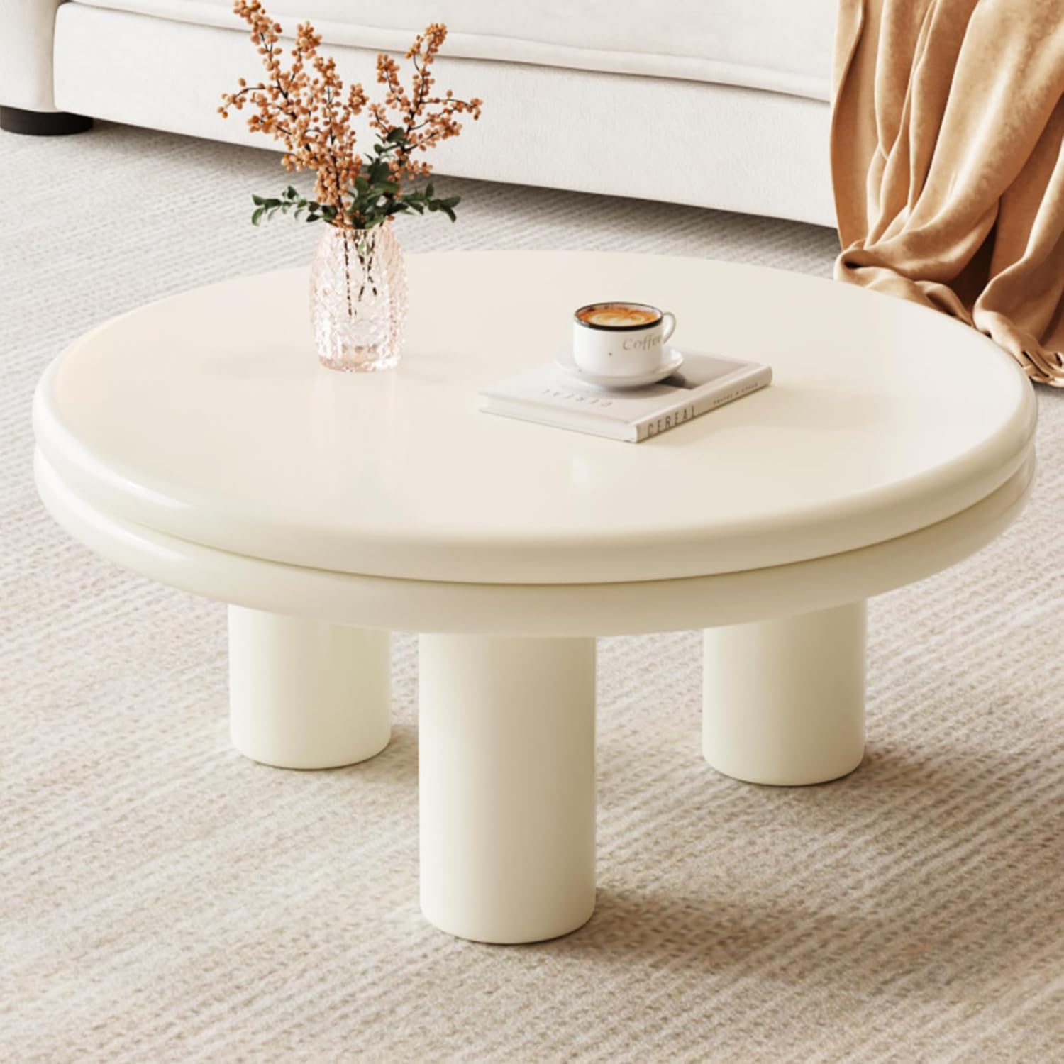 Amazon.com: QEZEOM Cream White Round Coffee Table, Modern Simple Small ...