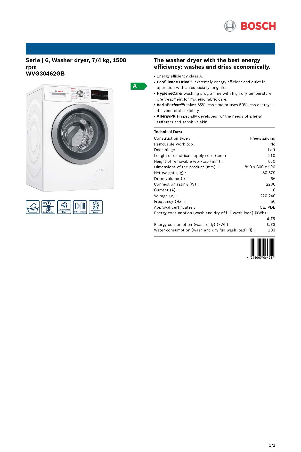 Bosch WVG30462GB Serie 6 Freestanding Washer Dryer, 7kg/4kg load ...