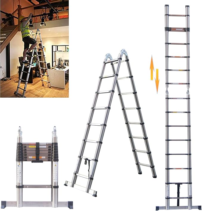 Royalswill Telescopic Ladder with Stabiliser Bar, 5M/16.5FT Extension 2 ...