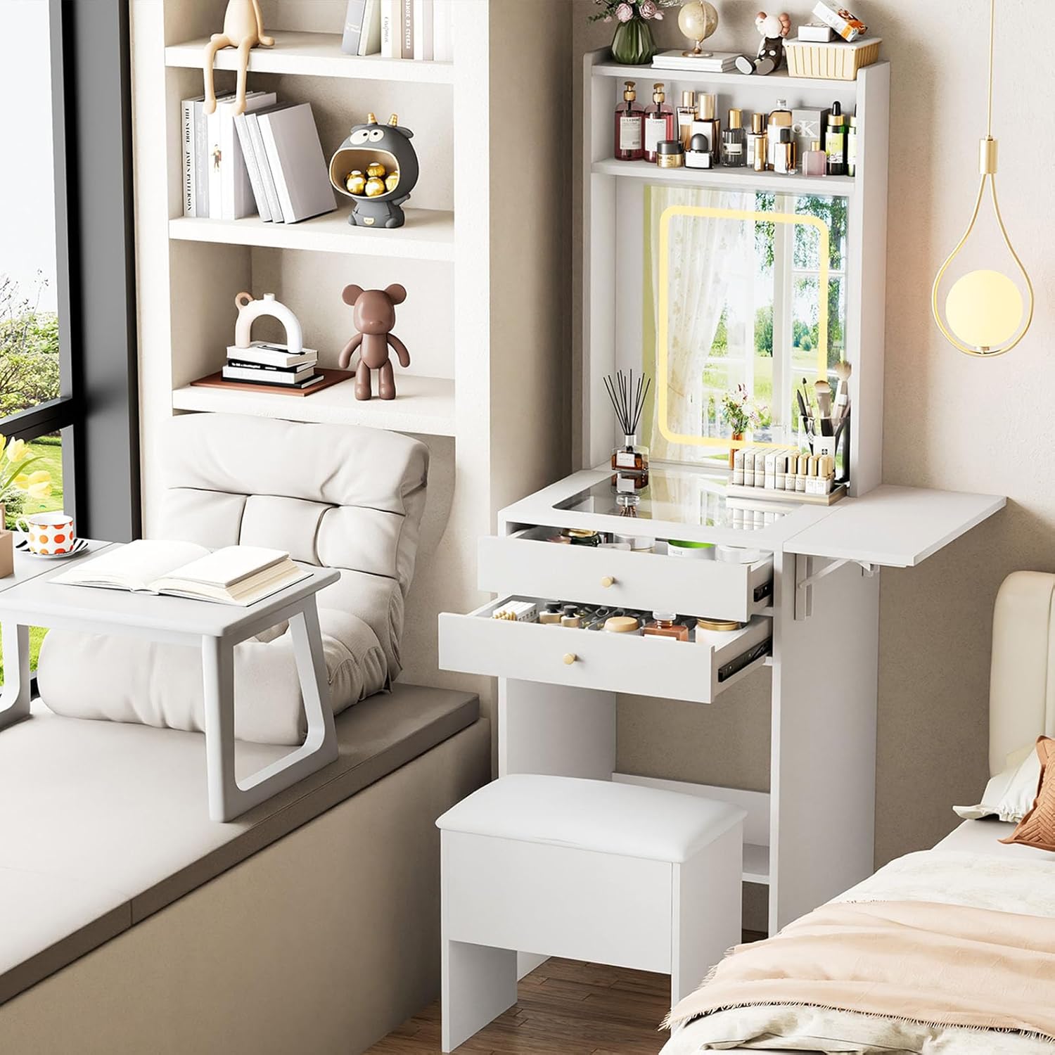 Amazon.com: Small Vanity Desk with LED Mirror, Makrup Vanity Set with ...