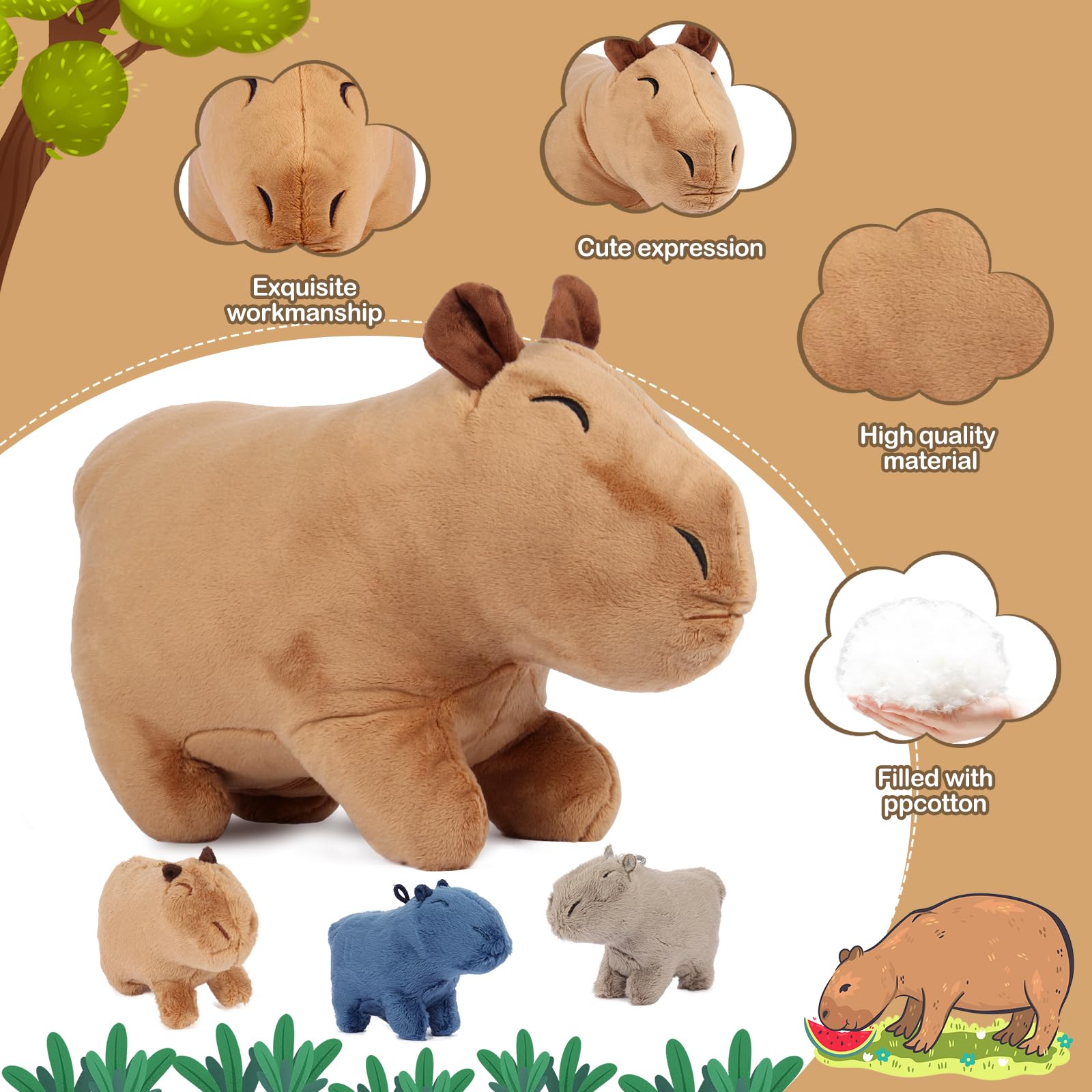 lilizzhoumax Simulation Capybara Plush Toy with 3 Small Capybara ...