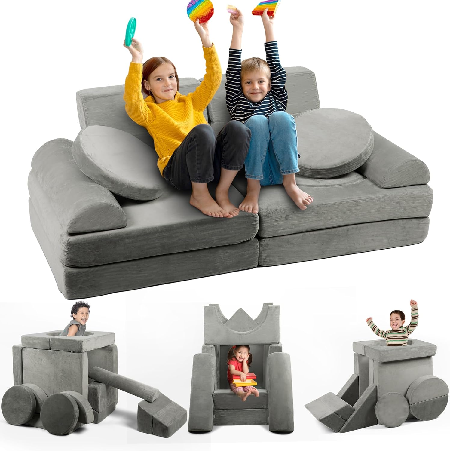 Amazon.com: HappyKidd Modular Kids Play Couch - 15 Pieces Buildable ...