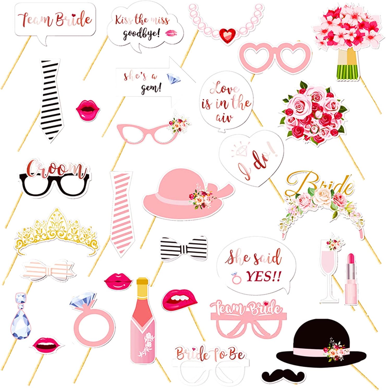 Hen Party Photo Booth Props - 32Pcs Rose Gold Team Bride Selfie Props ...