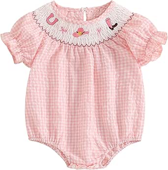 Amazon.com: Licupiee Baby Girl Smocked Western Romper Short Sleeve Bubble Rompers Summer Clothes ...