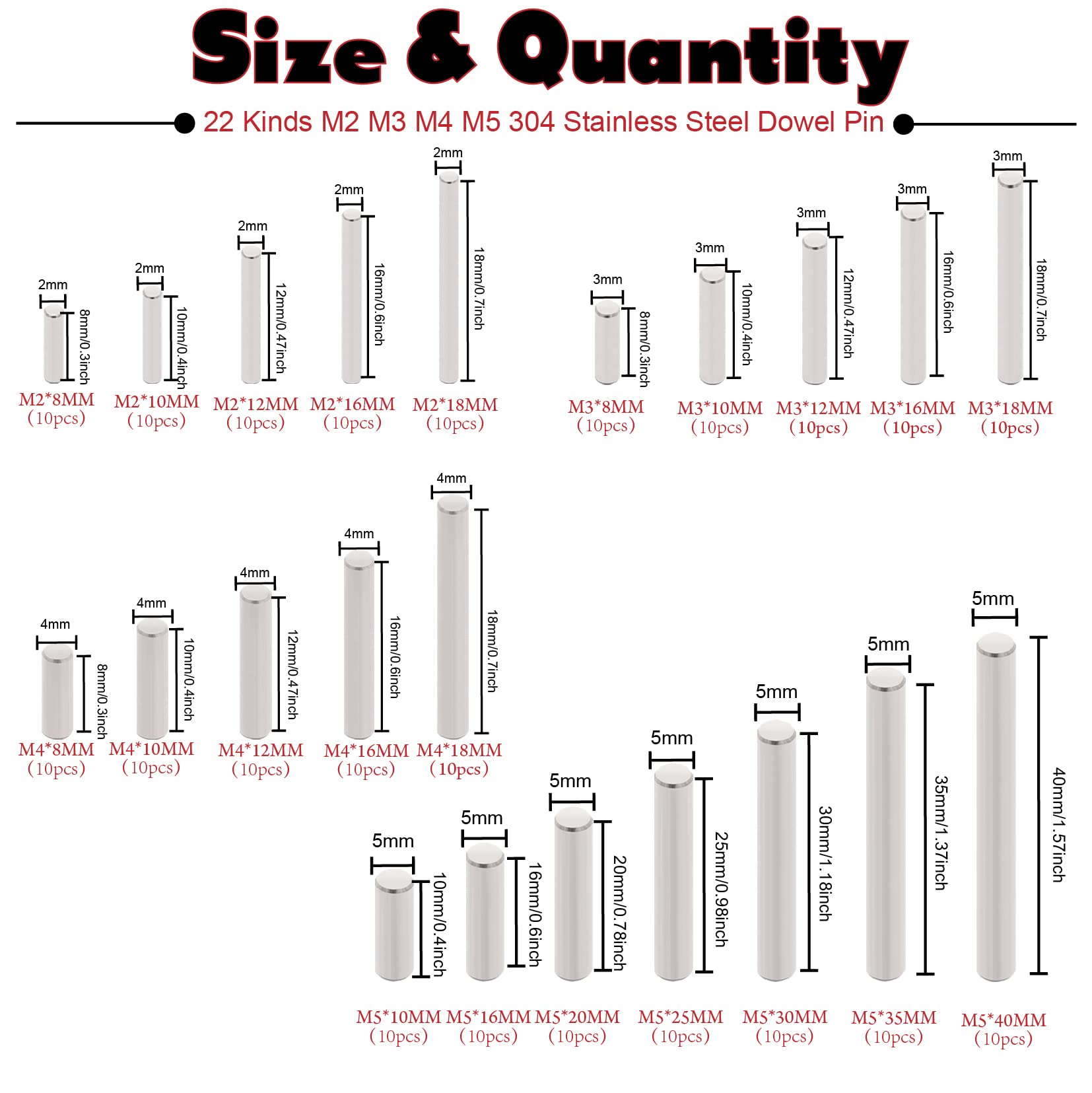 Snapklik.com : 220 Pieces Dowel Pin 304 Stainless Steel Cylindrical ...