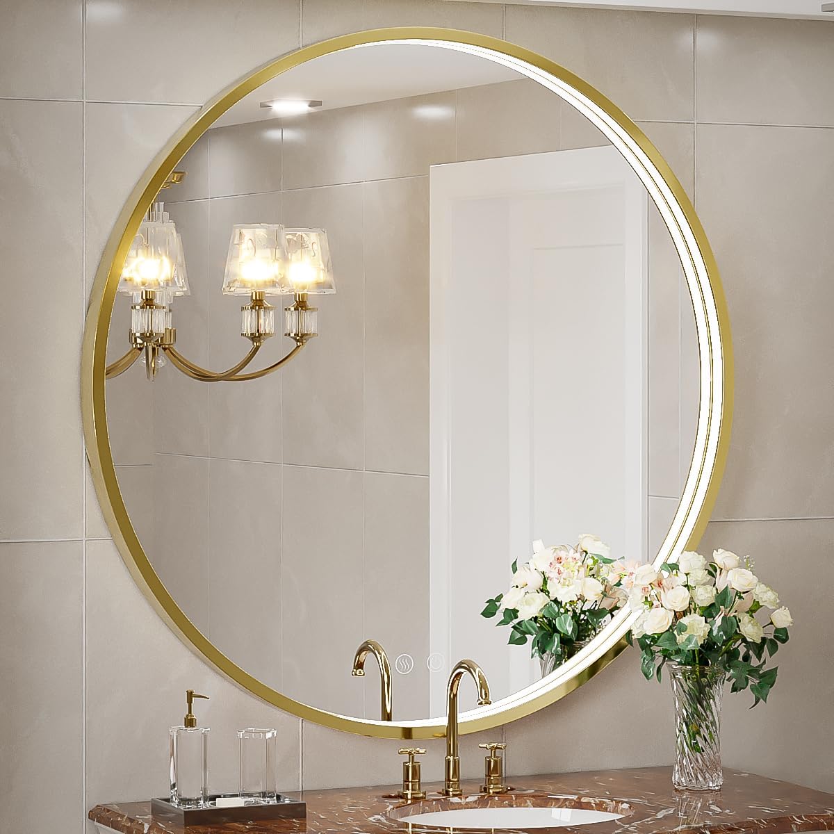 Amazon.com: FTOTI 32 Inch LED Gold Frame Round Mirror,Round Bathroom ...