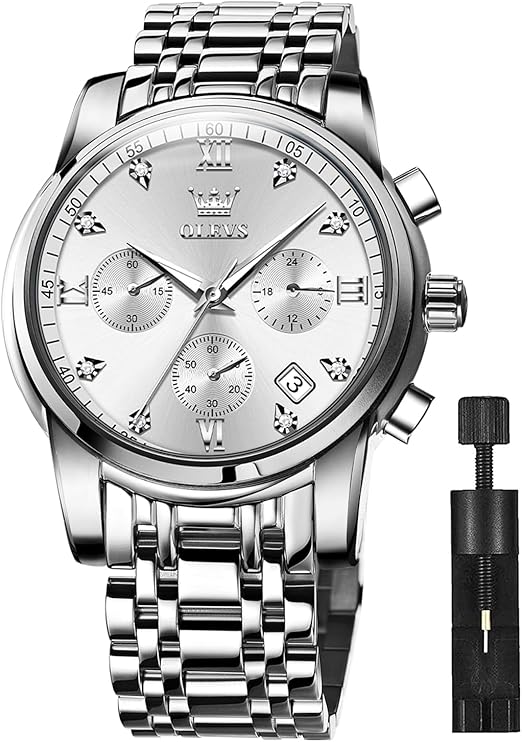OLEVS Silver Men Watches with Date Luxury Diamond Roman Numerals Big Face Multifunction ...