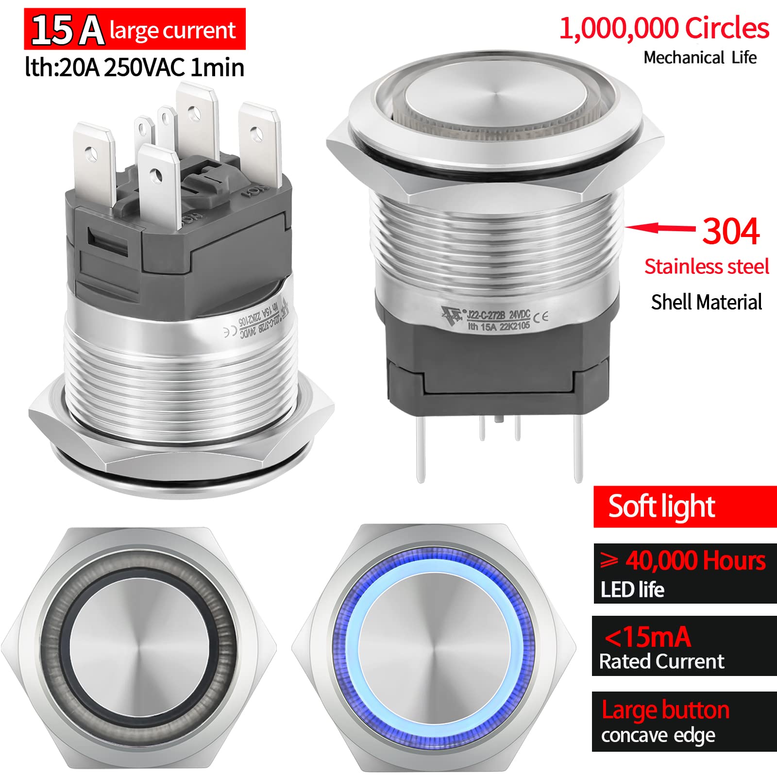 Snapklik.com : UL Listed 15Amp 22mm Momentary Push Button Switch ...